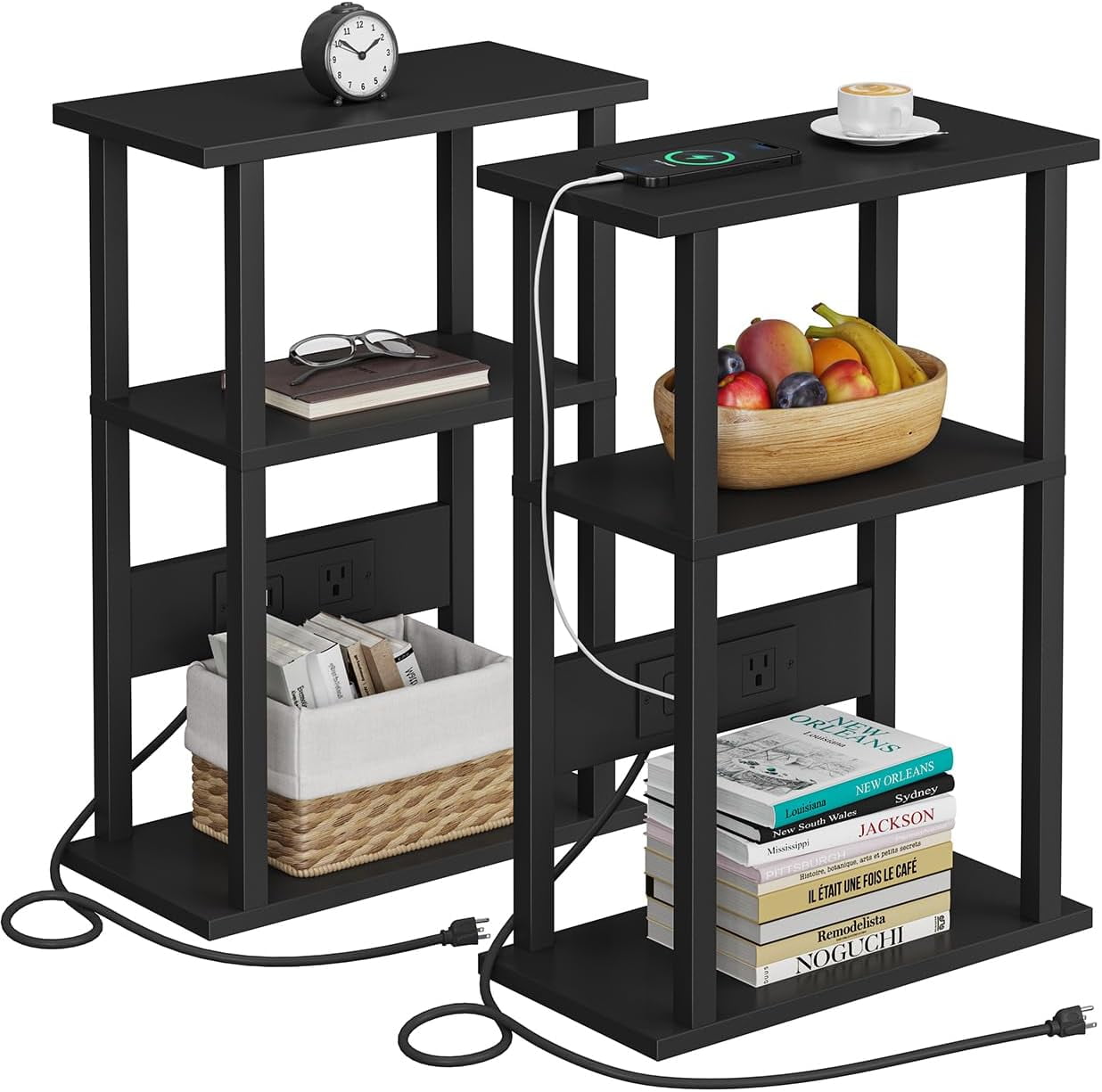 Narrow Side Table with Charging Station, 2 Set Skinny End Table for ...