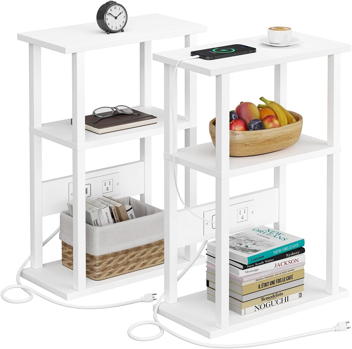 Narrow Side Table with Charging Station, 2 Set Skinny End Table for ...