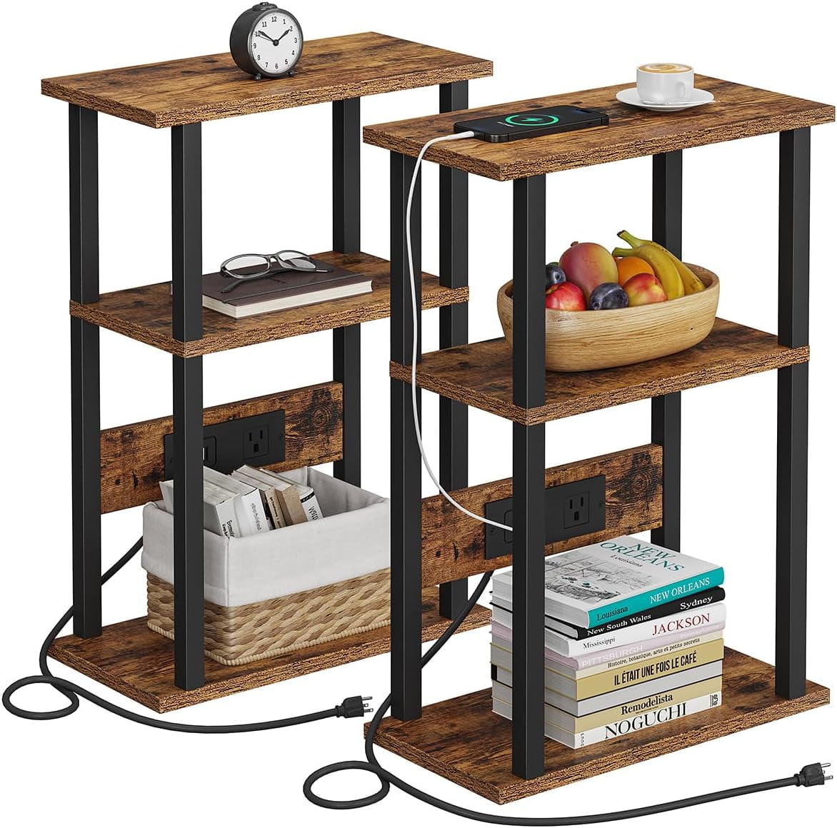 Narrow Side Table with Charging Station, 2 Set Skinny End Tables for ...