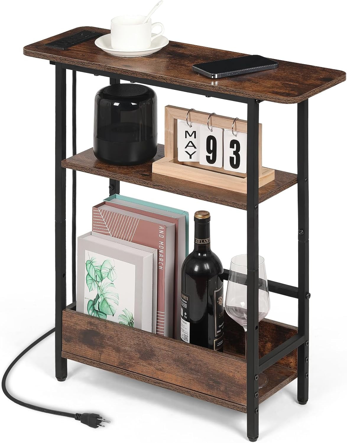 Narrow Side Table with Charging Station, 3-Tier Slim End Table Modern ...