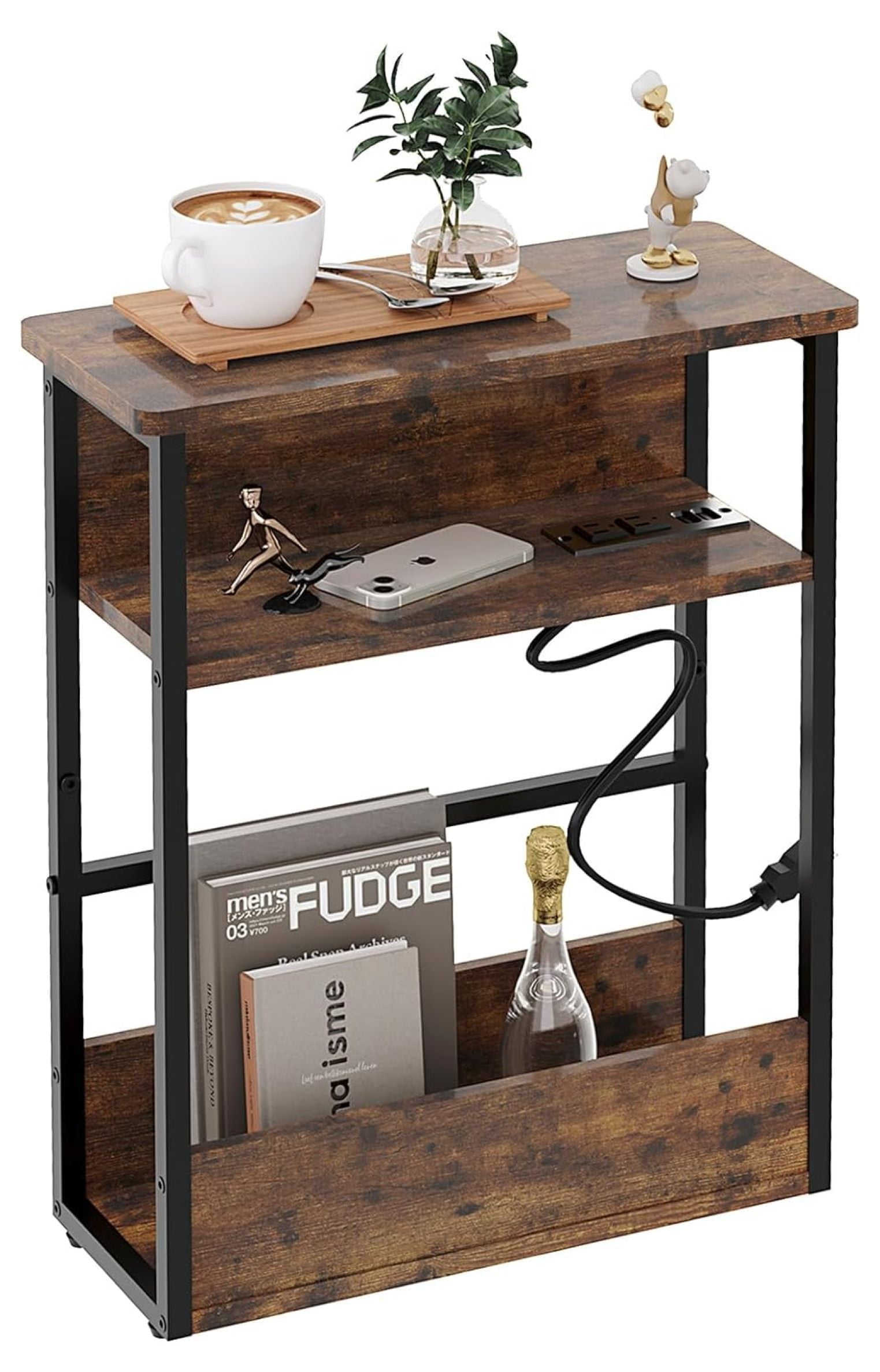 Narrow Side Table with Charging Station, 3 Tier Slim End Table for ...