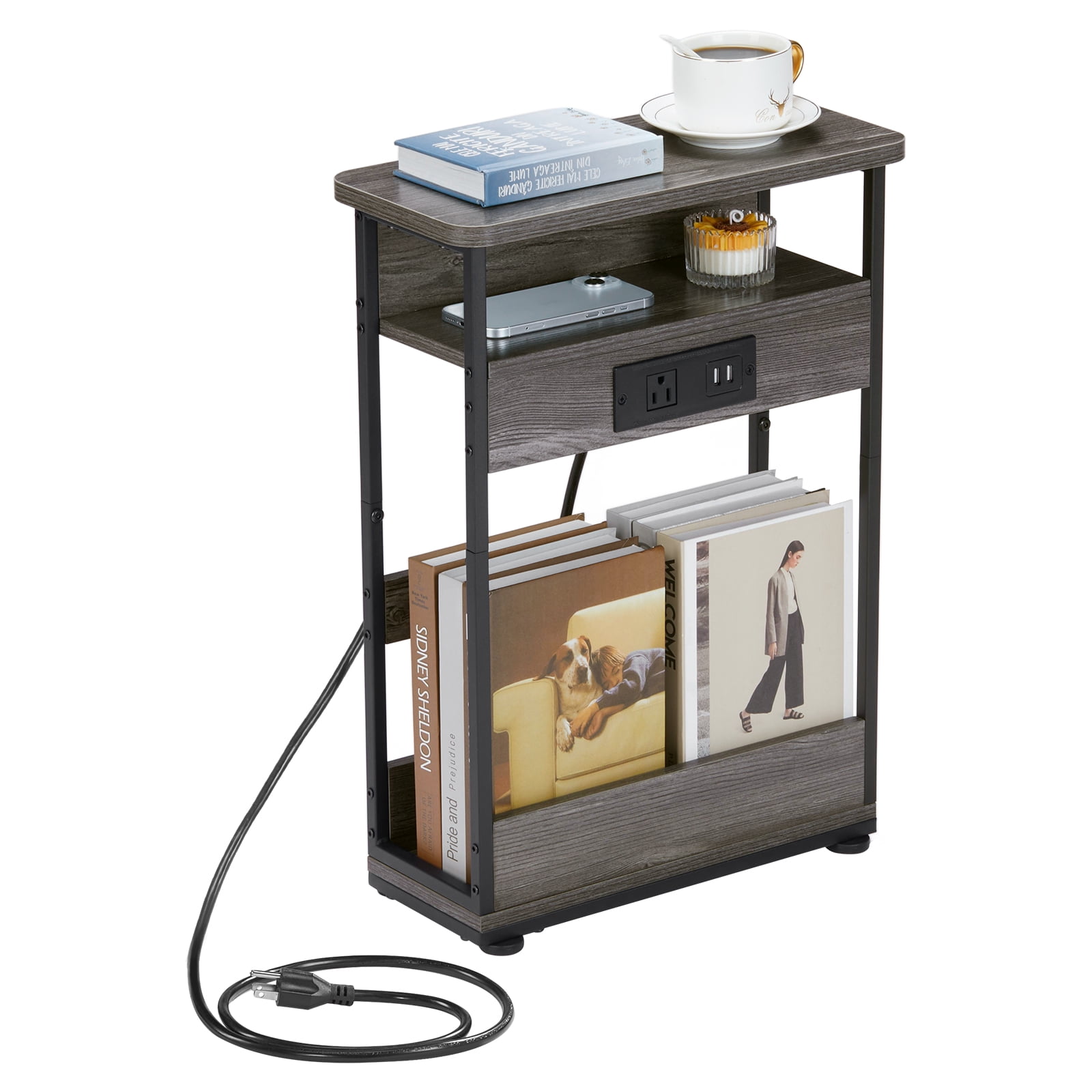 Narrow Side Table with Charging Station, 3 Tier Slim End Table with ...