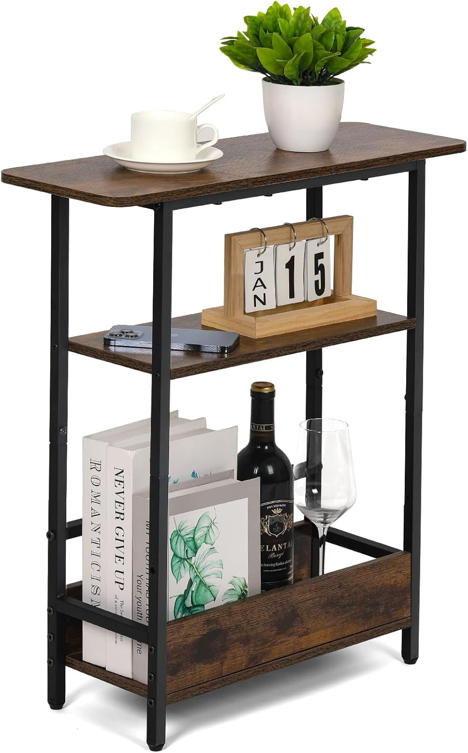 Narrow Side Table with Charging Station, 3-Tier Slim End Table Modern ...