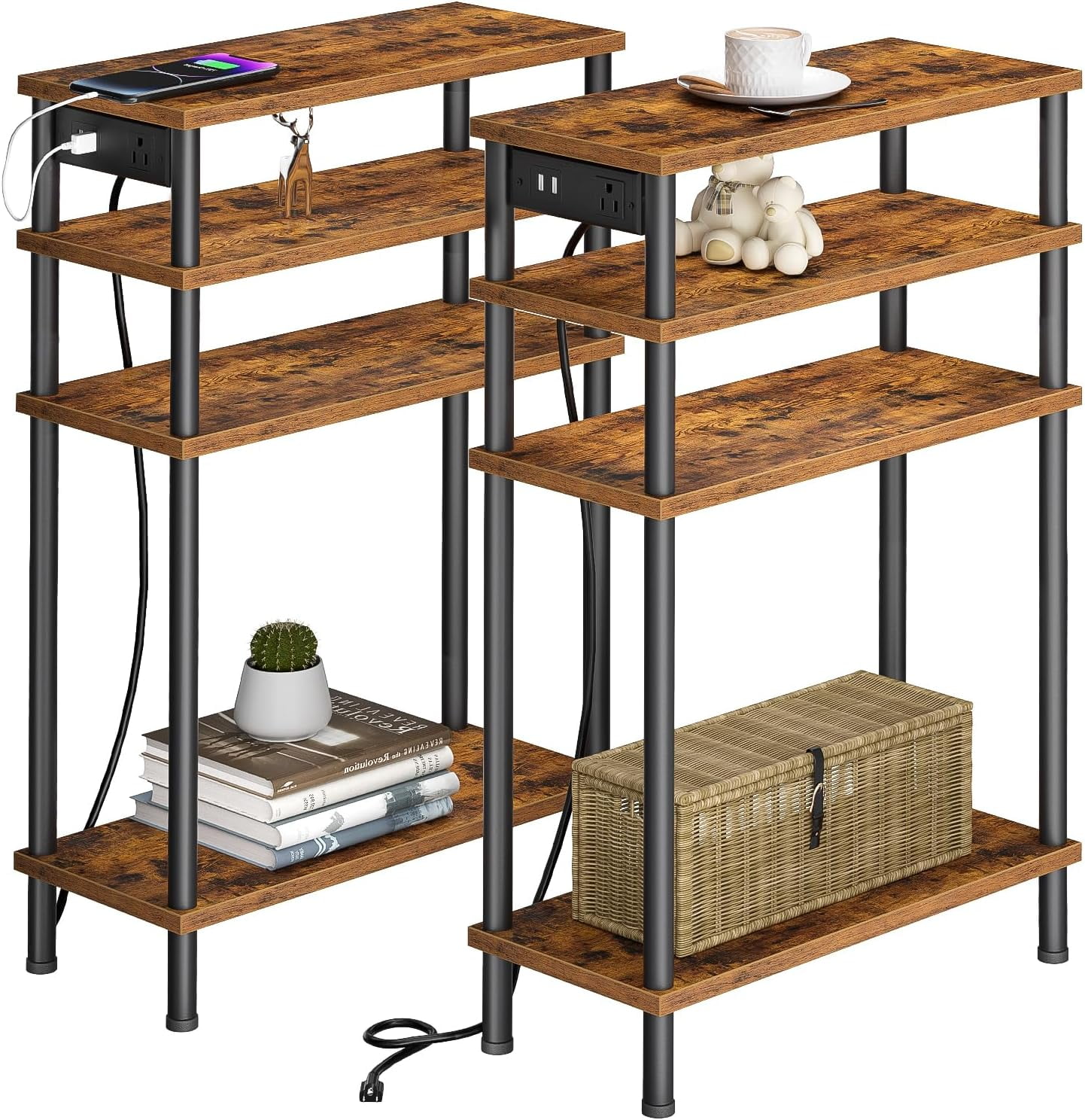 Narrow Side Table with Charging Station, 4 Tier Small Thin Slim End ...