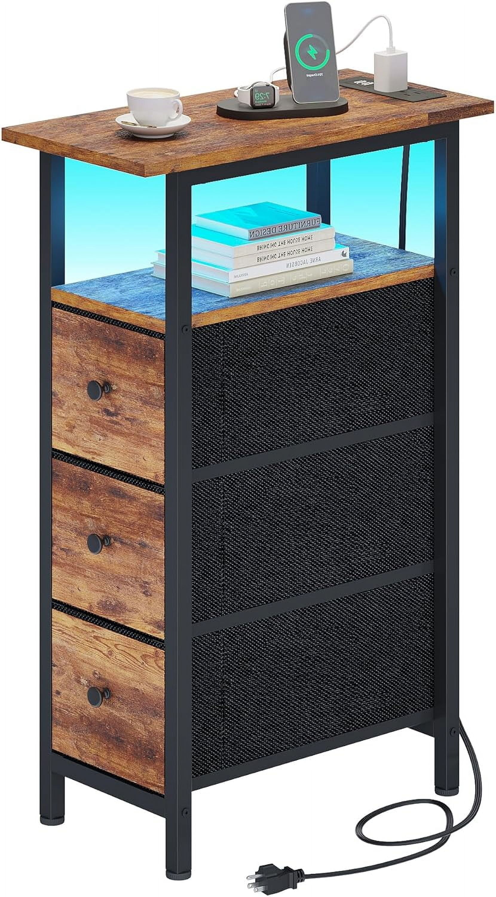 Narrow Side Table with Charging Station, End Table Featuring 3 Fabric ...