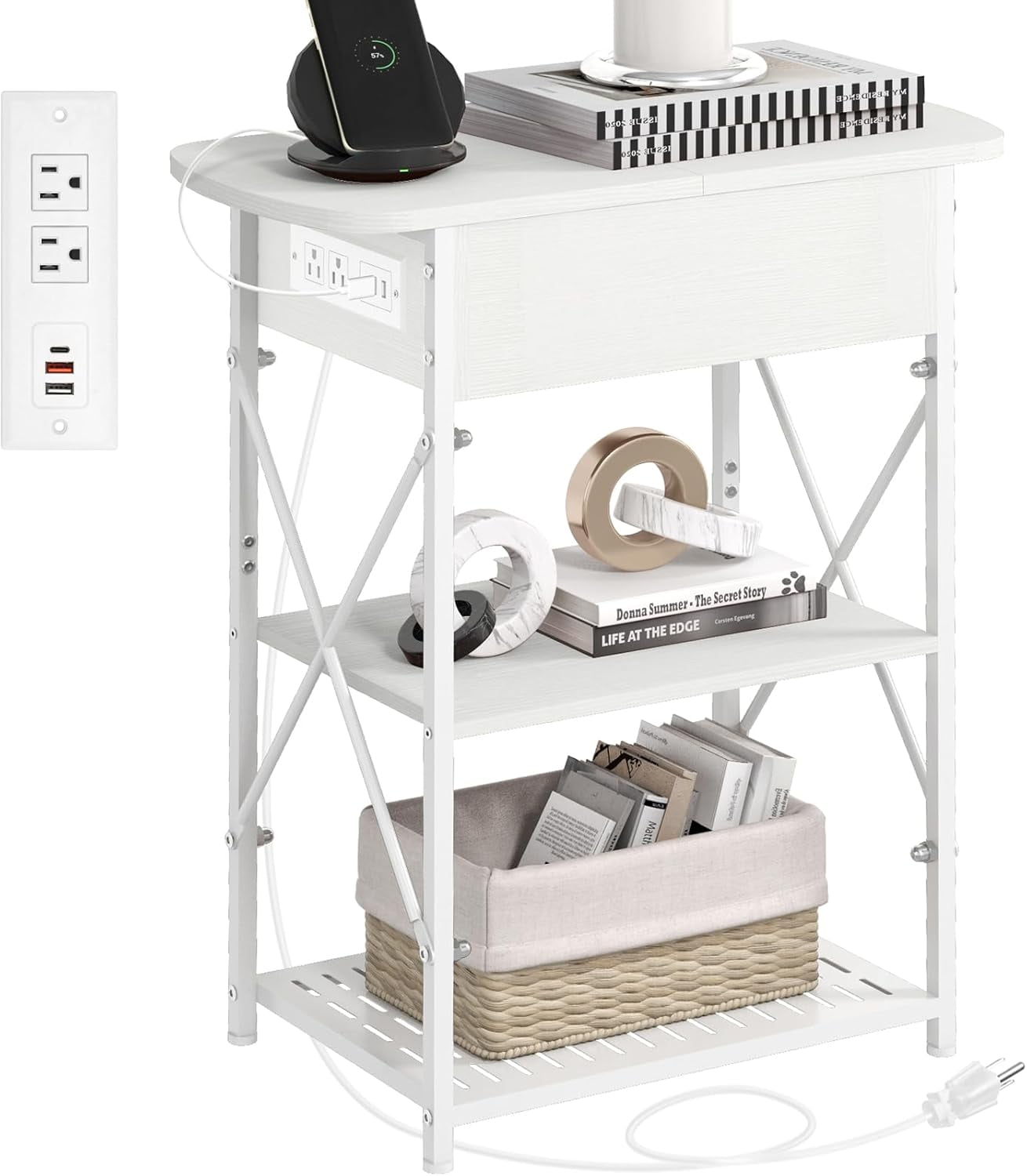Narrow Side Table with Charging Station, End Table with 3 USB Ports and ...