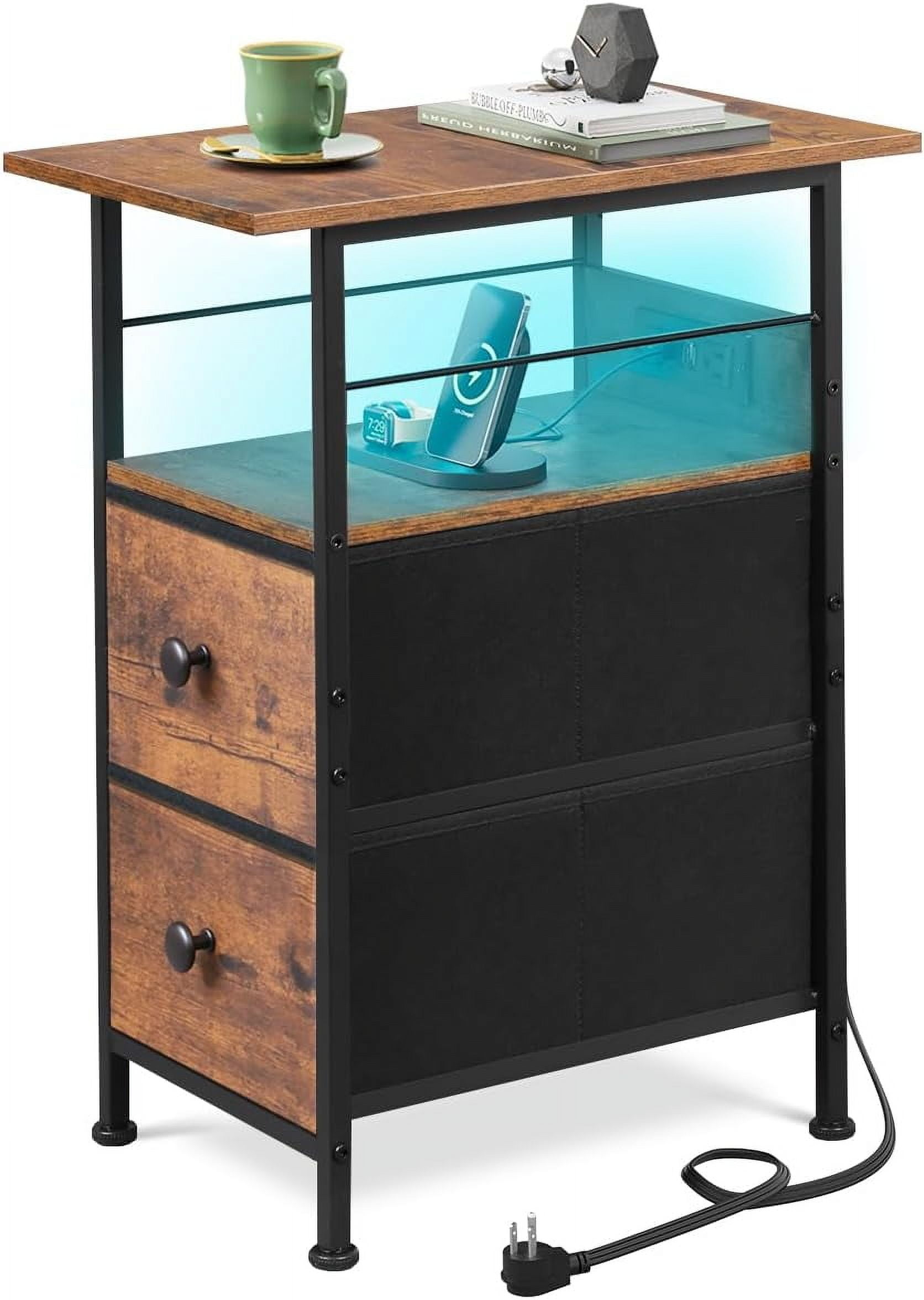 Narrow Side Table with Charging Station, End Table with LED Lights,2 ...