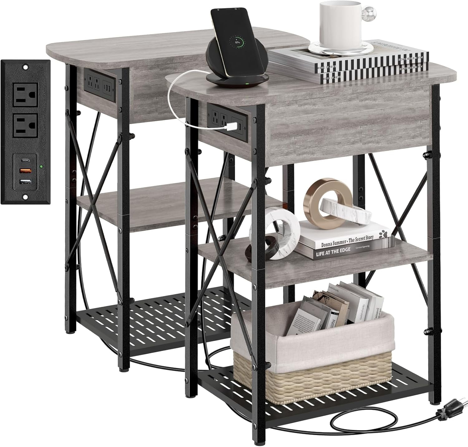 Narrow Side Table with Charging Station, End Tables Set of 2 for Small ...