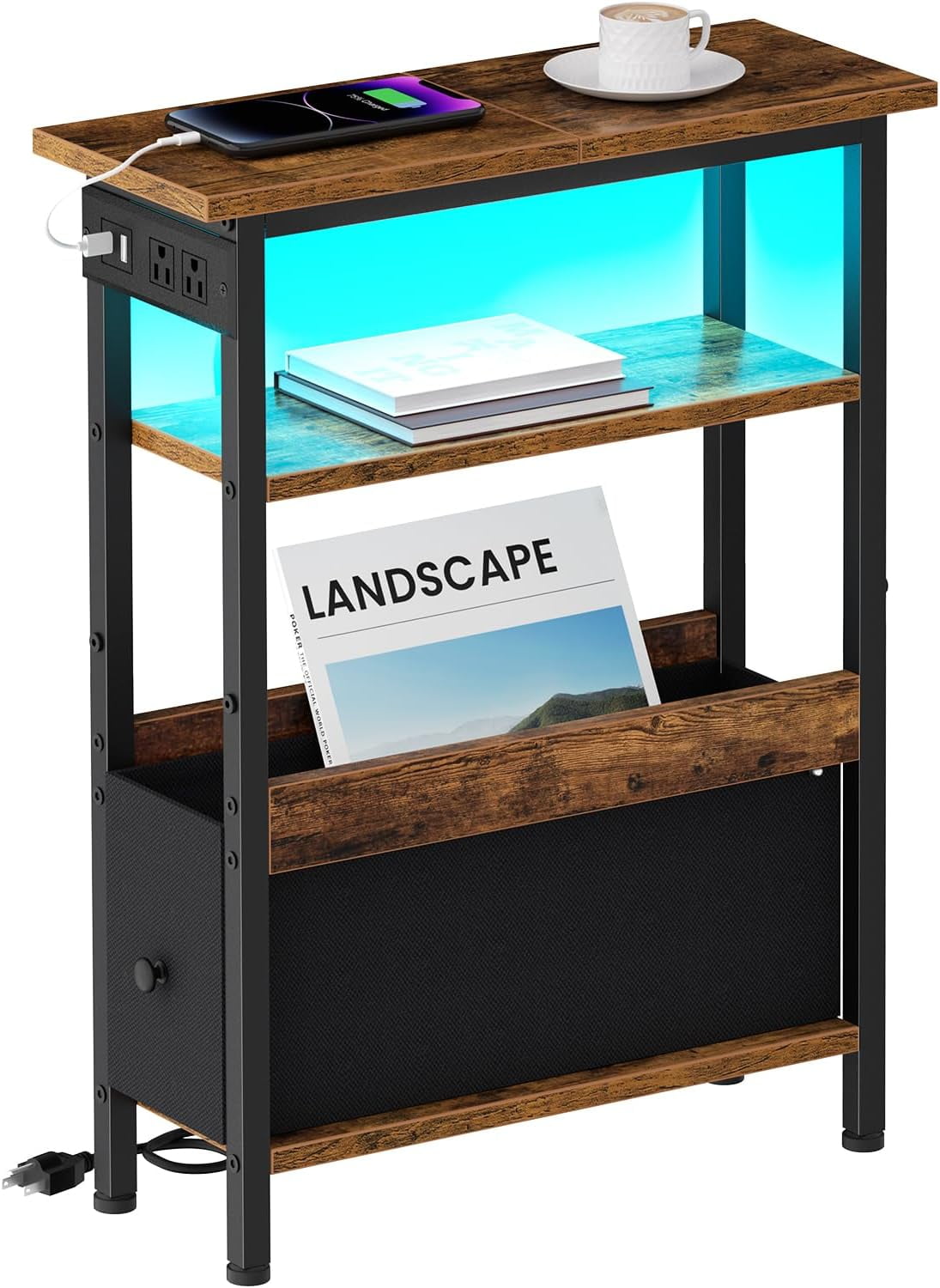Narrow Side Table with Charging Station and LED Light, End Table with 1 ...