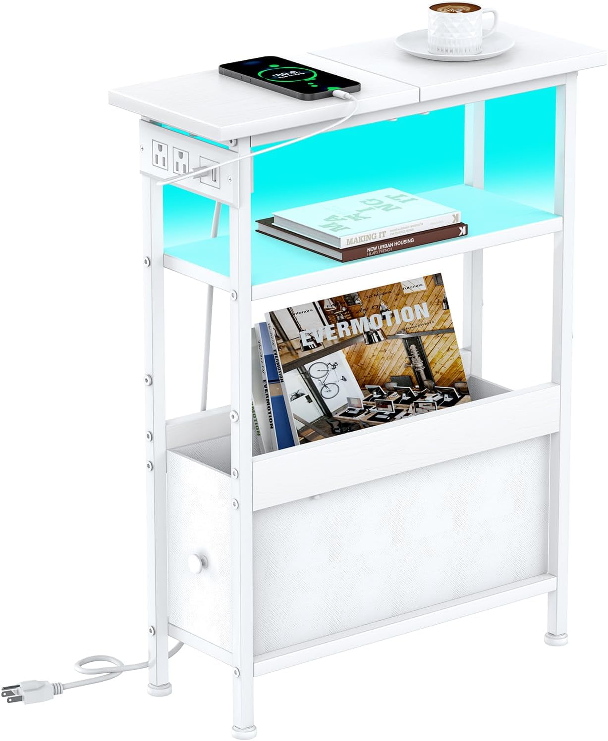 Narrow Side Table with Charging Station and LED Light, End Table with 1 ...
