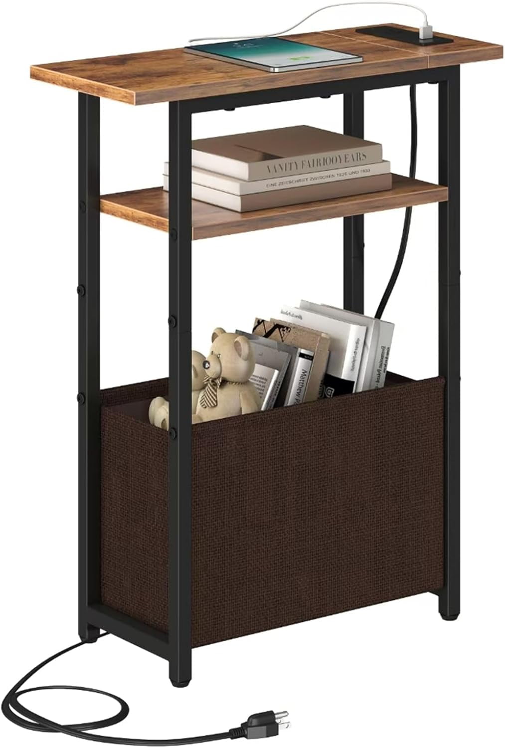 Narrow Side Table with Charging Station, Rustic Brown End Table for ...