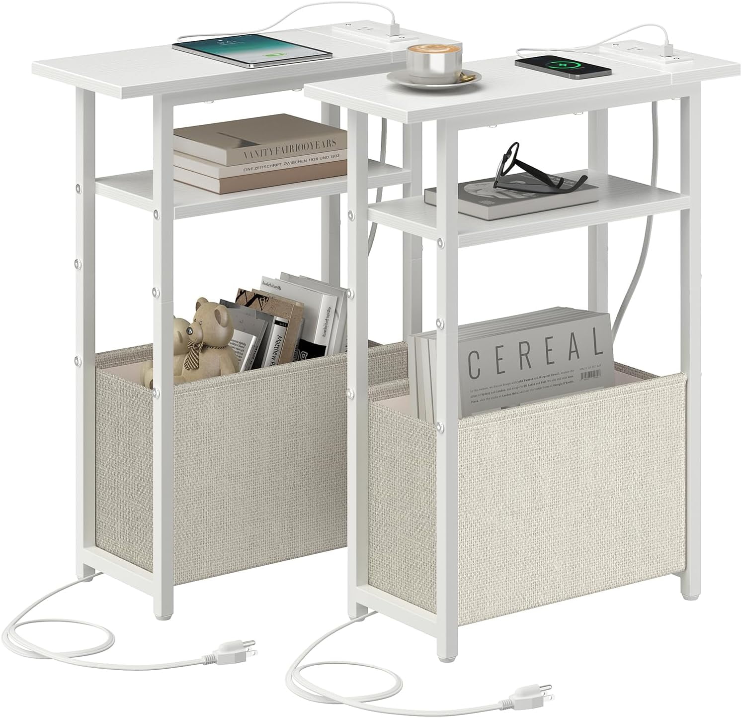 Narrow Side Table with Charging Station Set of 2, Small End Table for ...