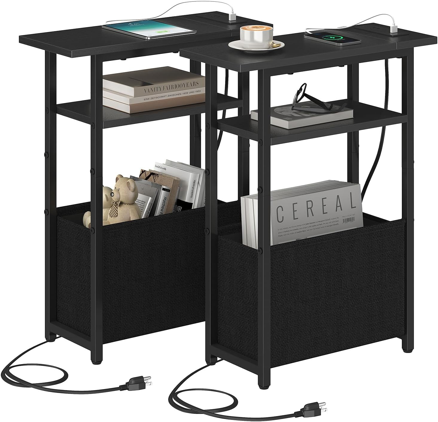 Narrow Side Table with Charging Station Set of 2, Small End Table for ...