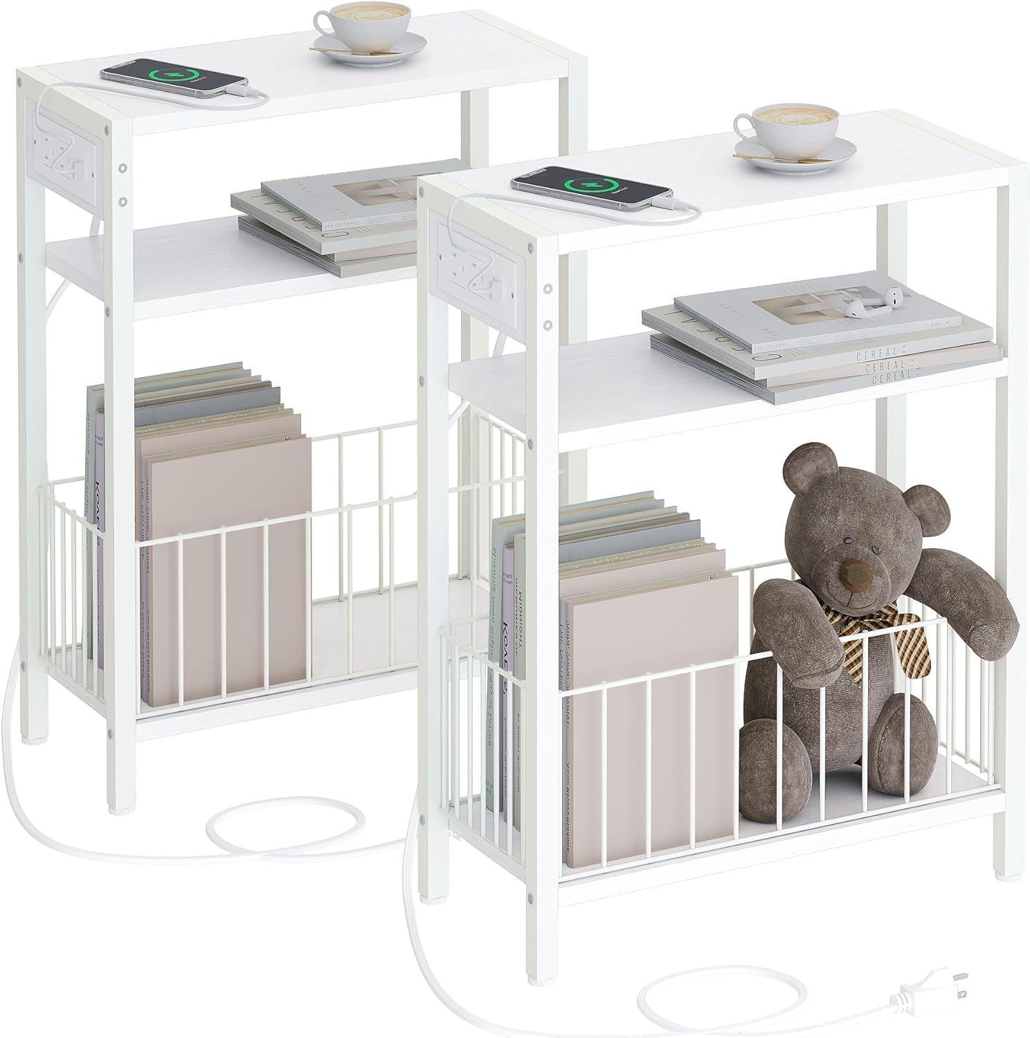 Narrow Side Table with Charging Station Set of 2, Small End Table for ...