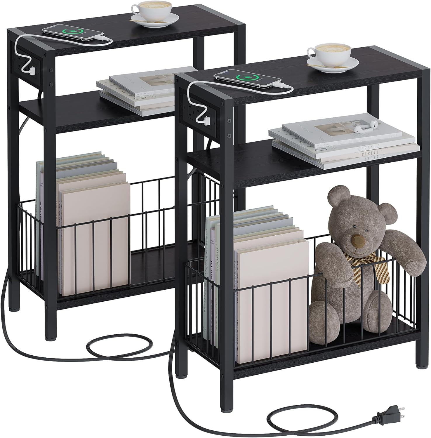 Narrow Side Table with Charging Station Set of 2, Small End Table for ...