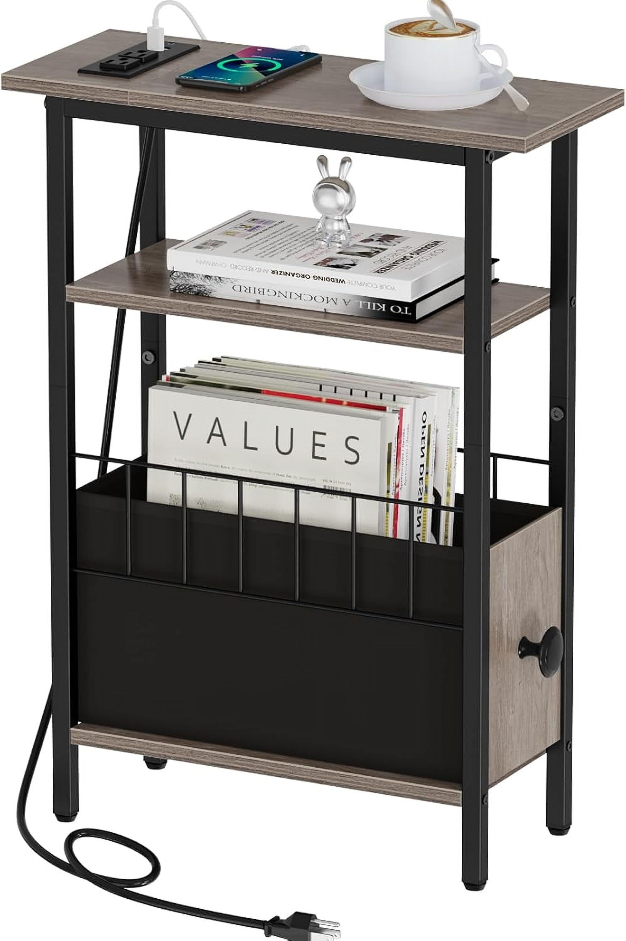 Narrow Side Table with Charging Station, Slim End Table for Small ...