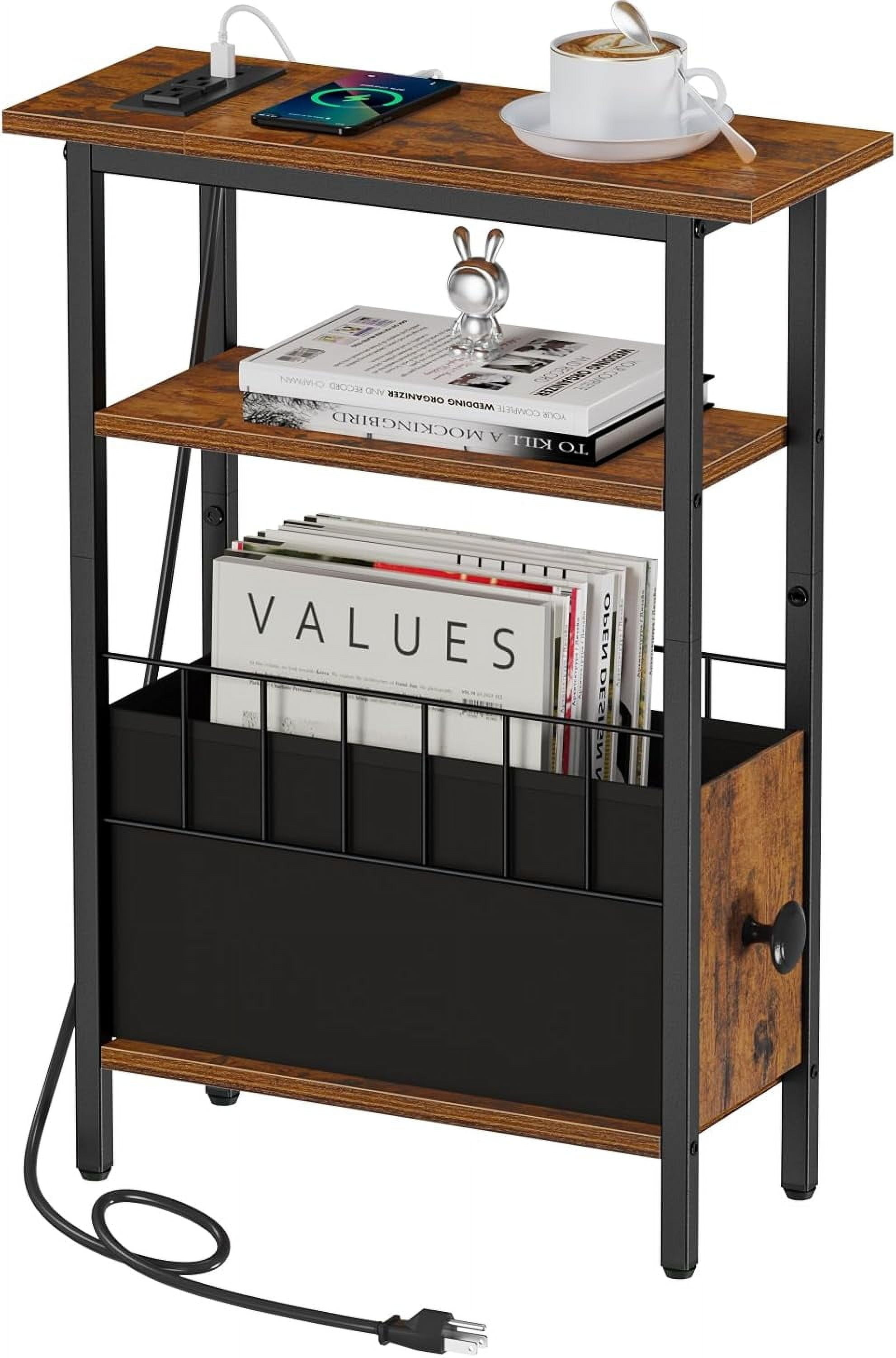 Narrow Side Table with Charging Station, Slim End Table for Small ...