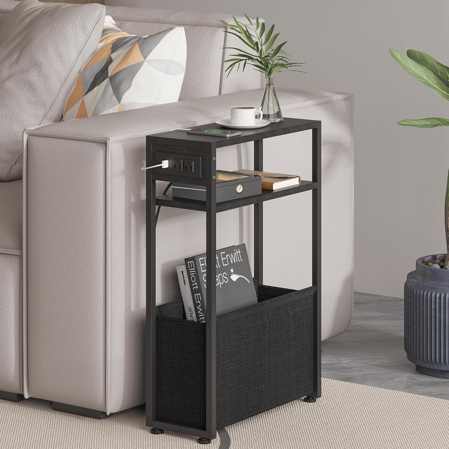 Narrow Side Table with Charging Station, Slim End Tables with Linen ...