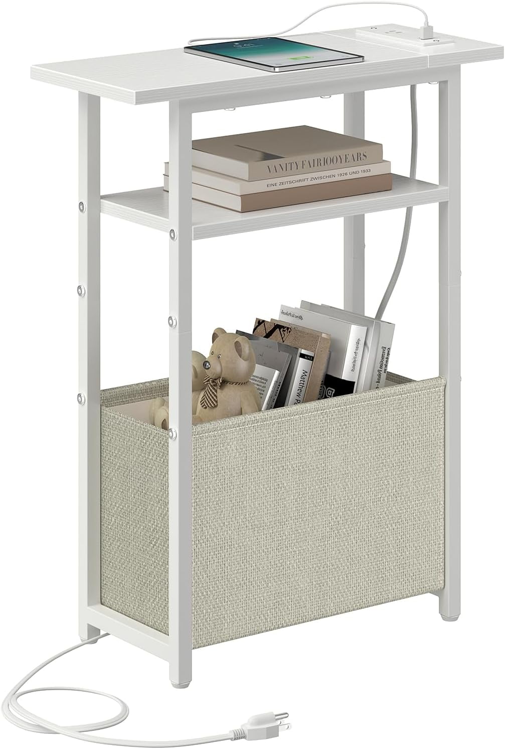 Narrow Side Table with Charging Station, Small End Table for Small ...