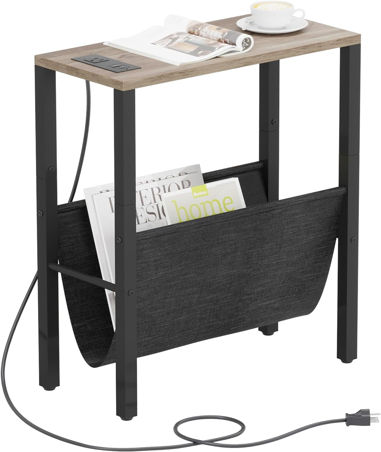 Narrow Side Table with Charging Station, Small End Table with Storage ...