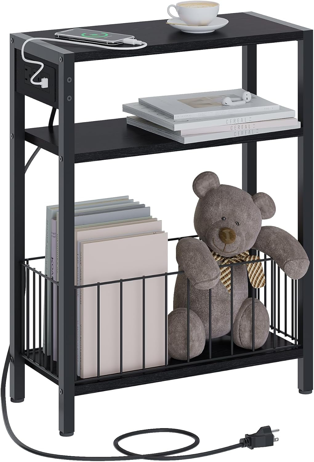 Narrow Side Table with Charging Station, Small End Table for Small ...