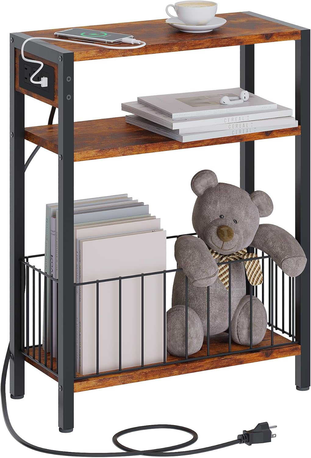 Narrow Side Table with Charging Station, Small End Table for Small ...