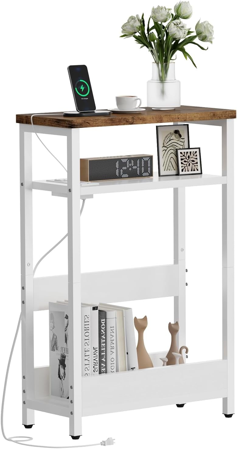 Narrow Side Table with Charging Station, Small Spaces End Table, Skinny ...