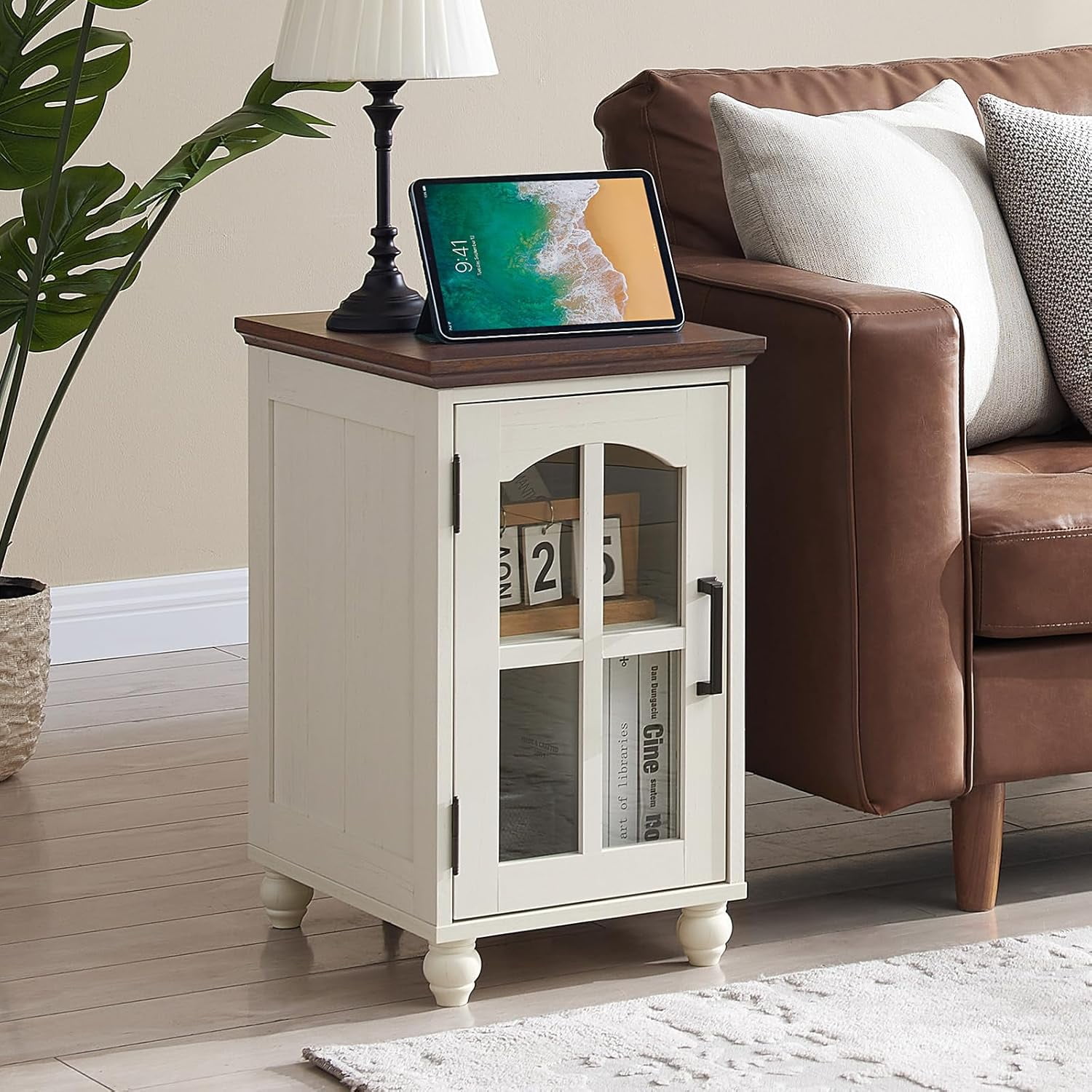 Narrow Side Table Farmhouse Nightstand with Charging Station Wood End ...