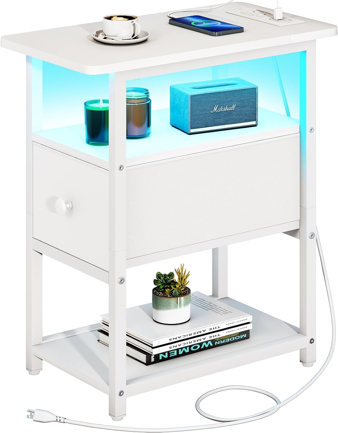 Narrow Side Table, LED End Table with Charging Station, 3-Tier End ...