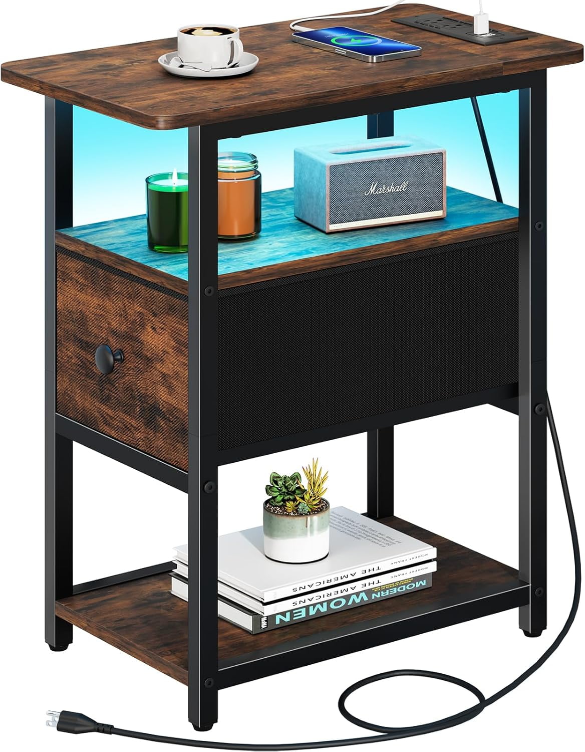End Table with Charging Station, Narrow Side Table with Adjustable ...