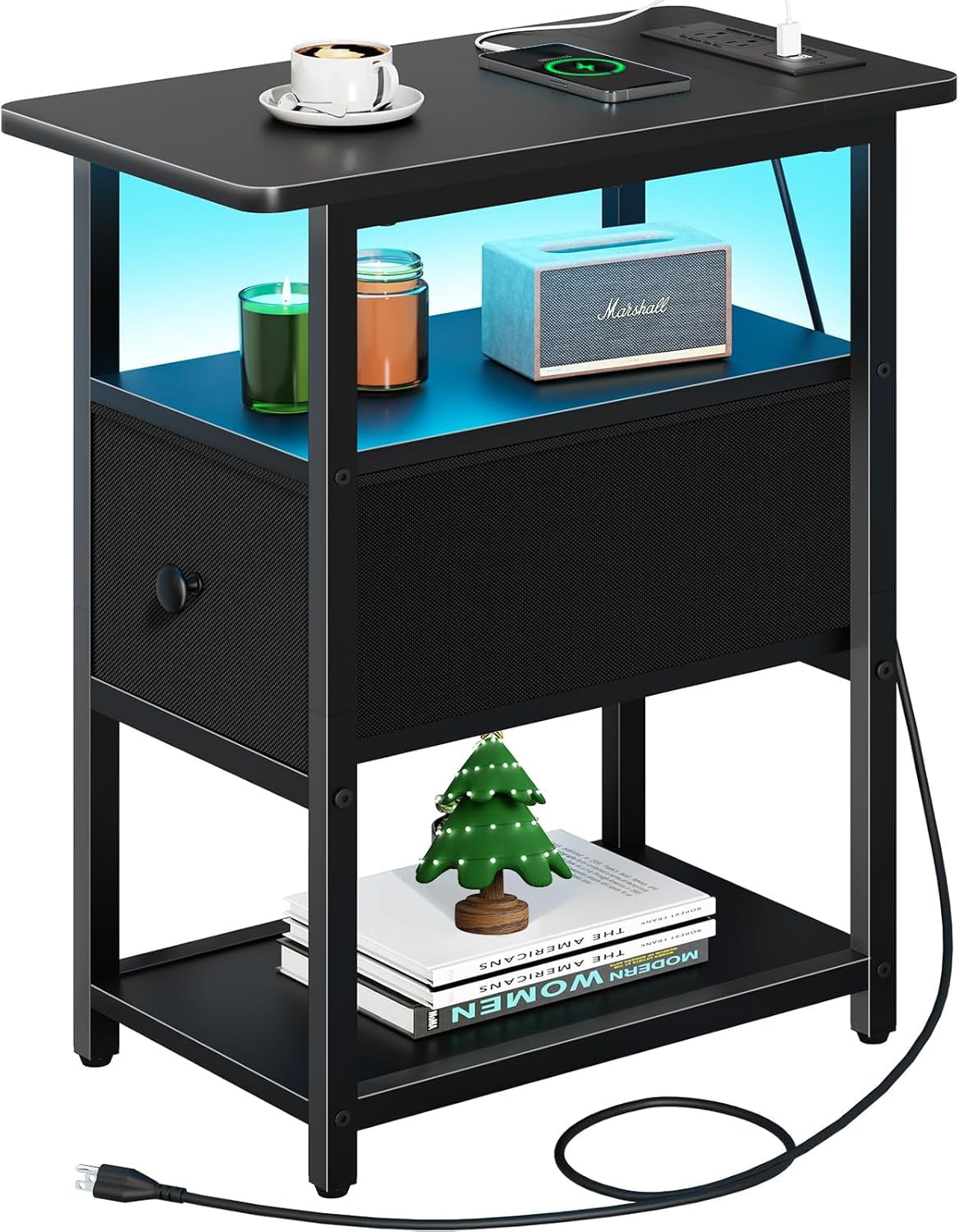 Narrow Side Table, LED End Table with Charging Station, 3-Tier End ...