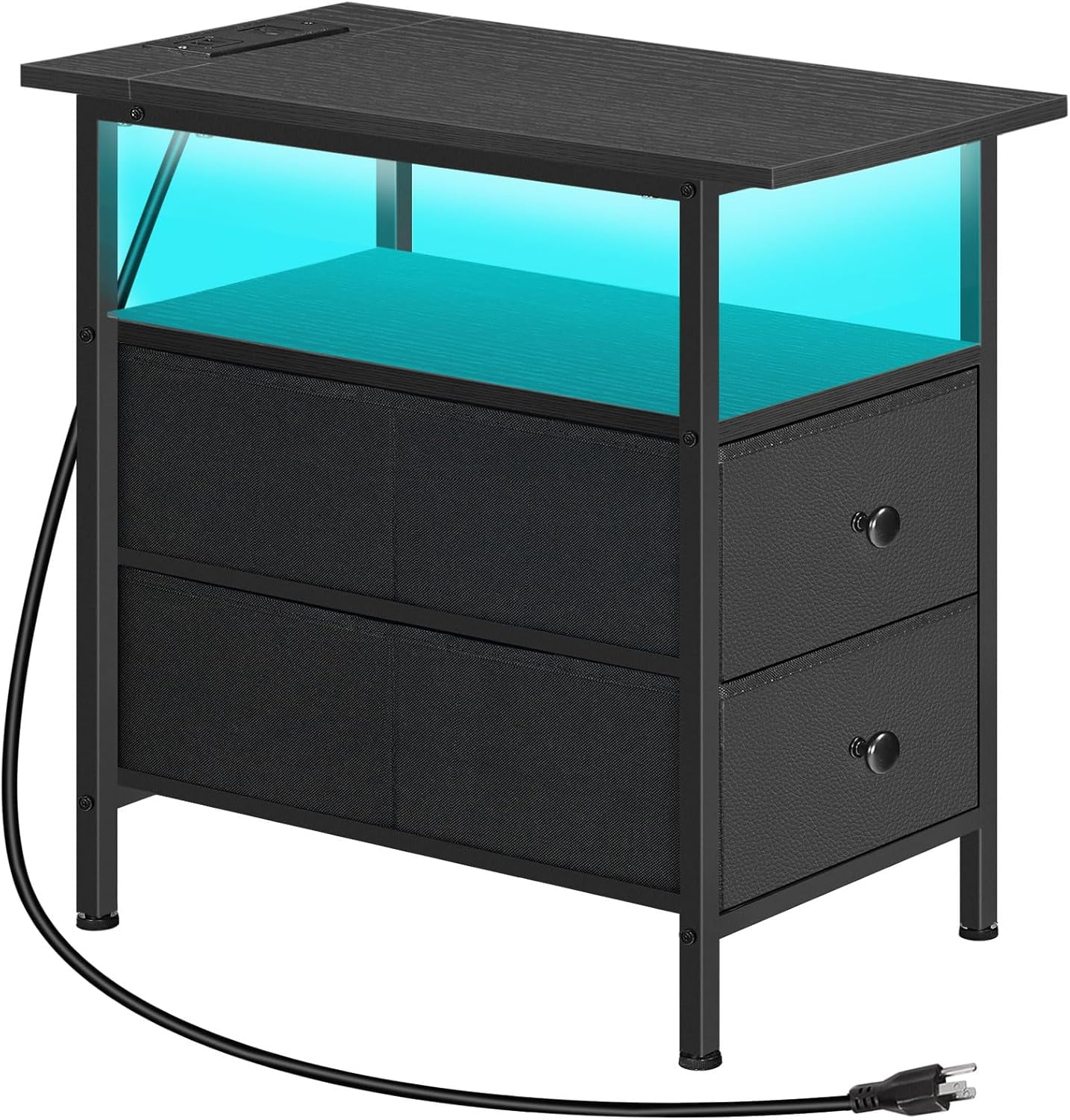 Narrow Side Table with LED Light and USB C Port, Night Stand with ...