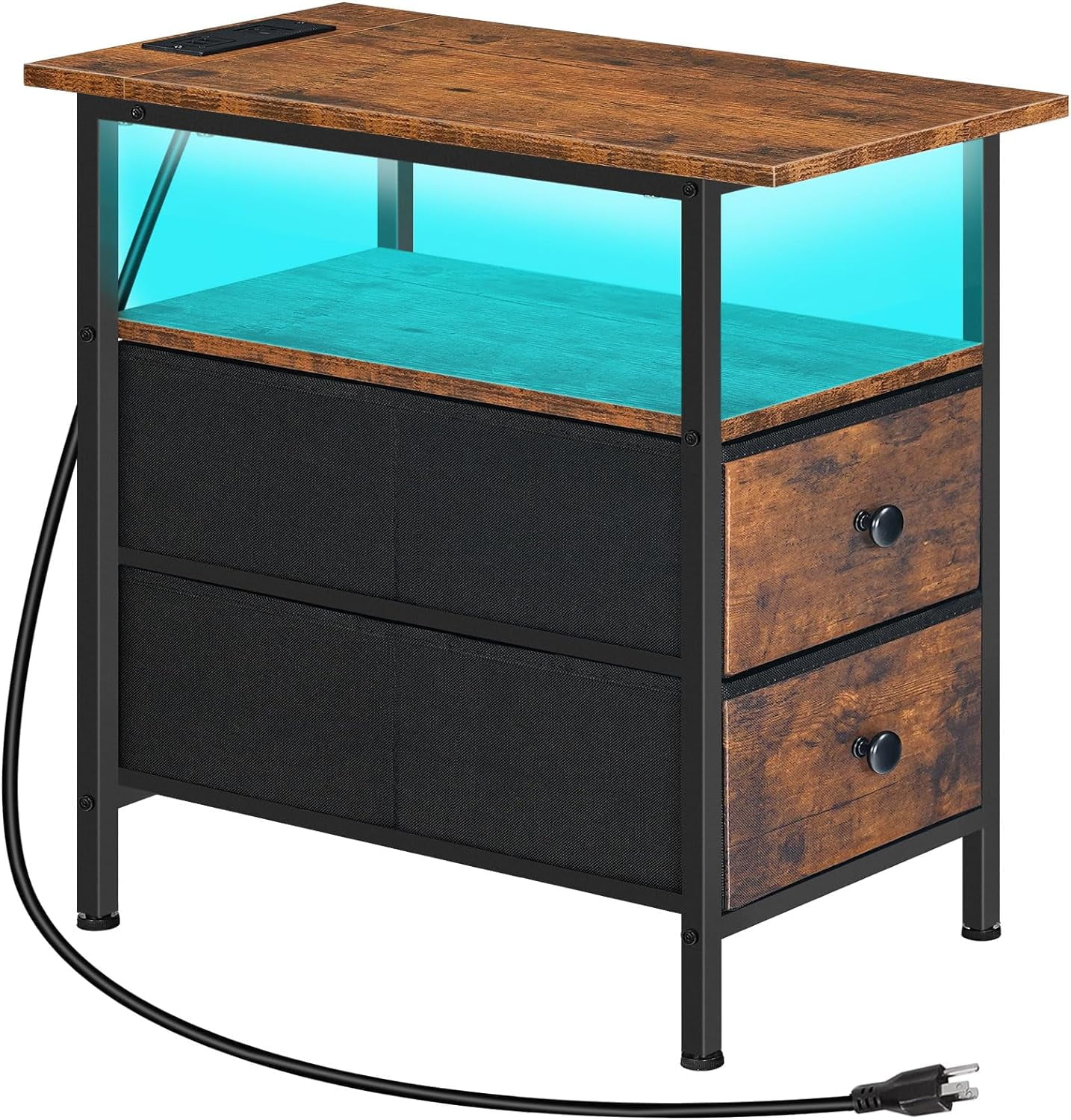 Narrow Side Table with LED Light and USB C Port, Night Stand with ...