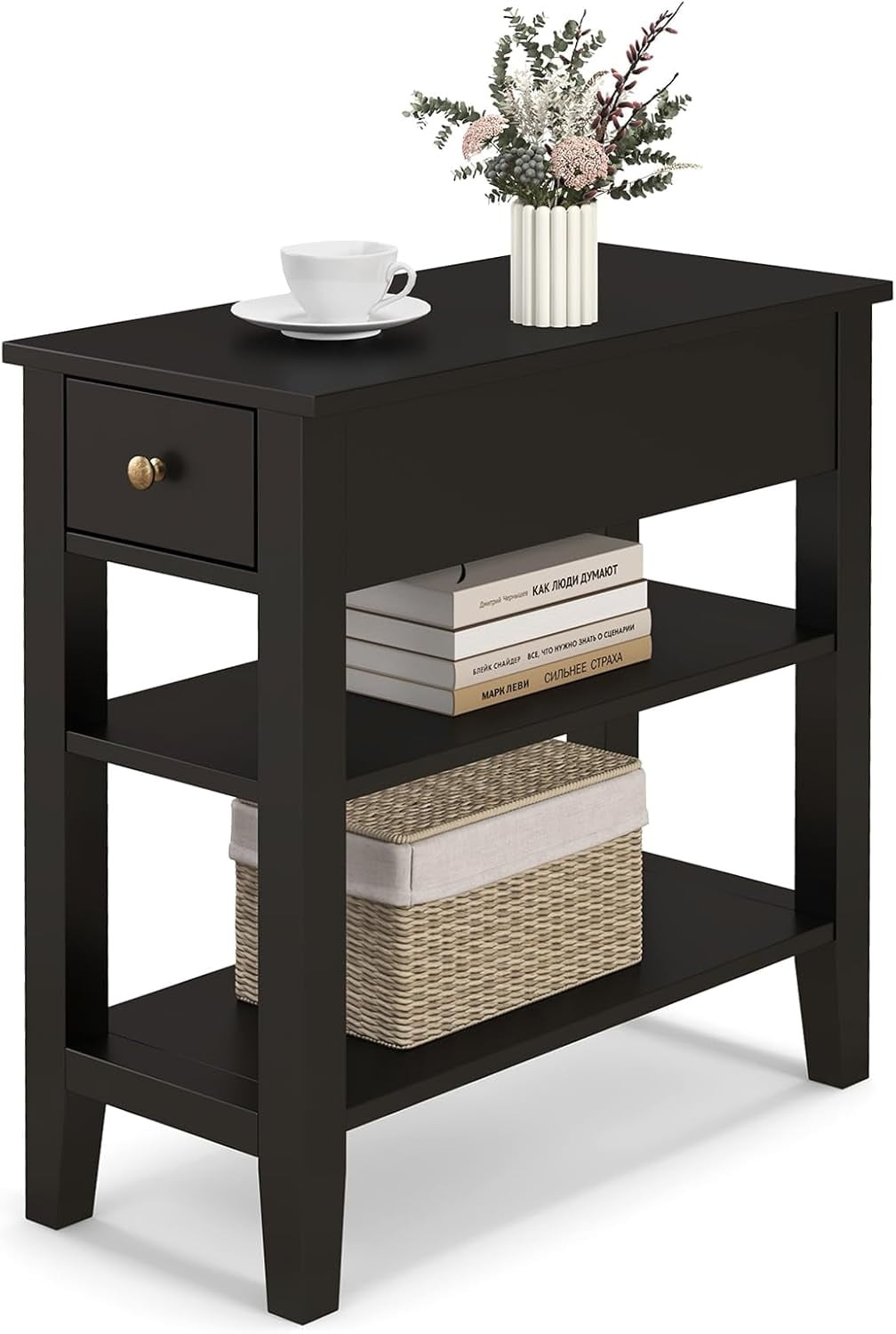 Narrow Side Table, Modern Nightstand with Drawers & Shelves, Small ...