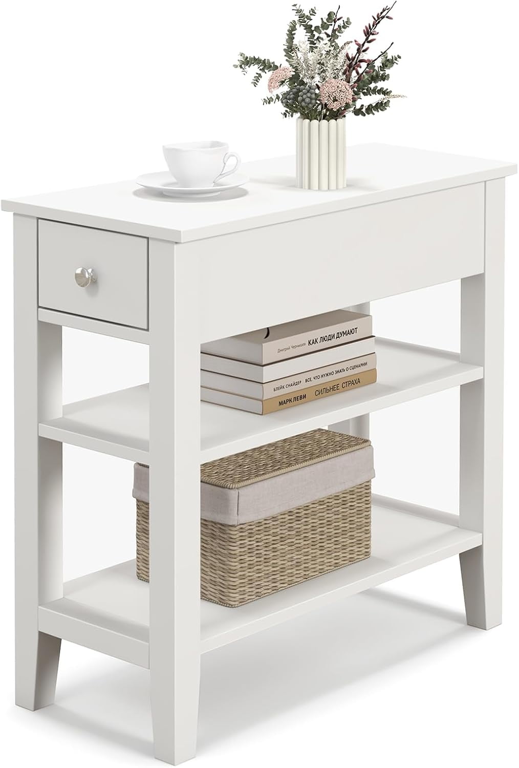 Narrow Side Table, Modern Nightstand with Drawers & Shelves, Small ...