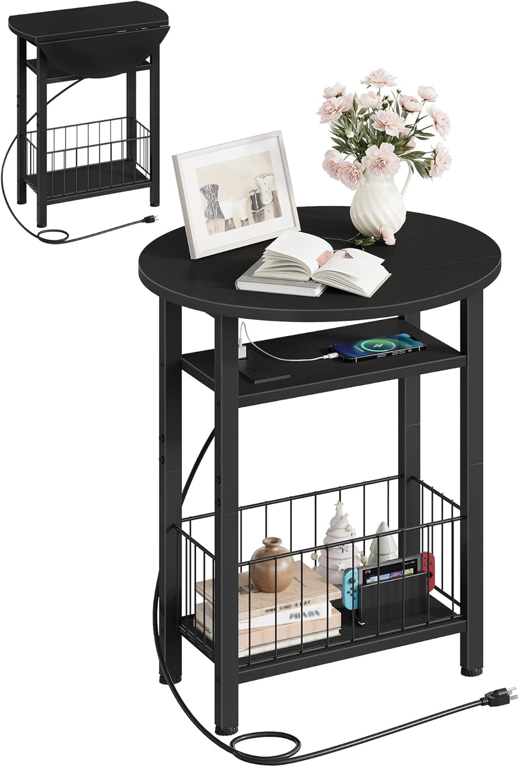 Narrow Side Table with Power Outlet and Storage Basket, 3-Tier Slim End ...