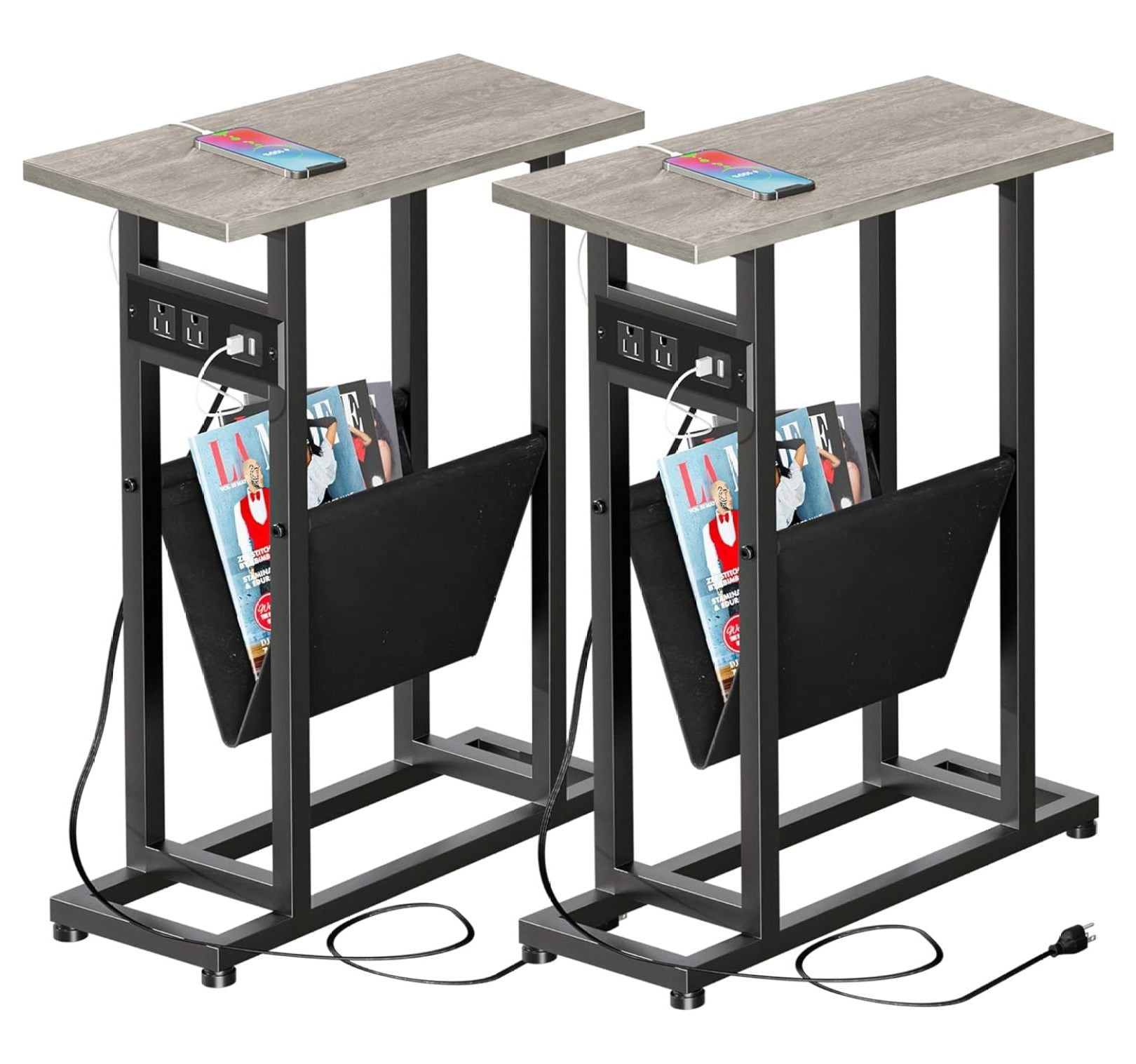 Narrow Side Table Set of 2 with Charging Station, Skinny Side Tables ...