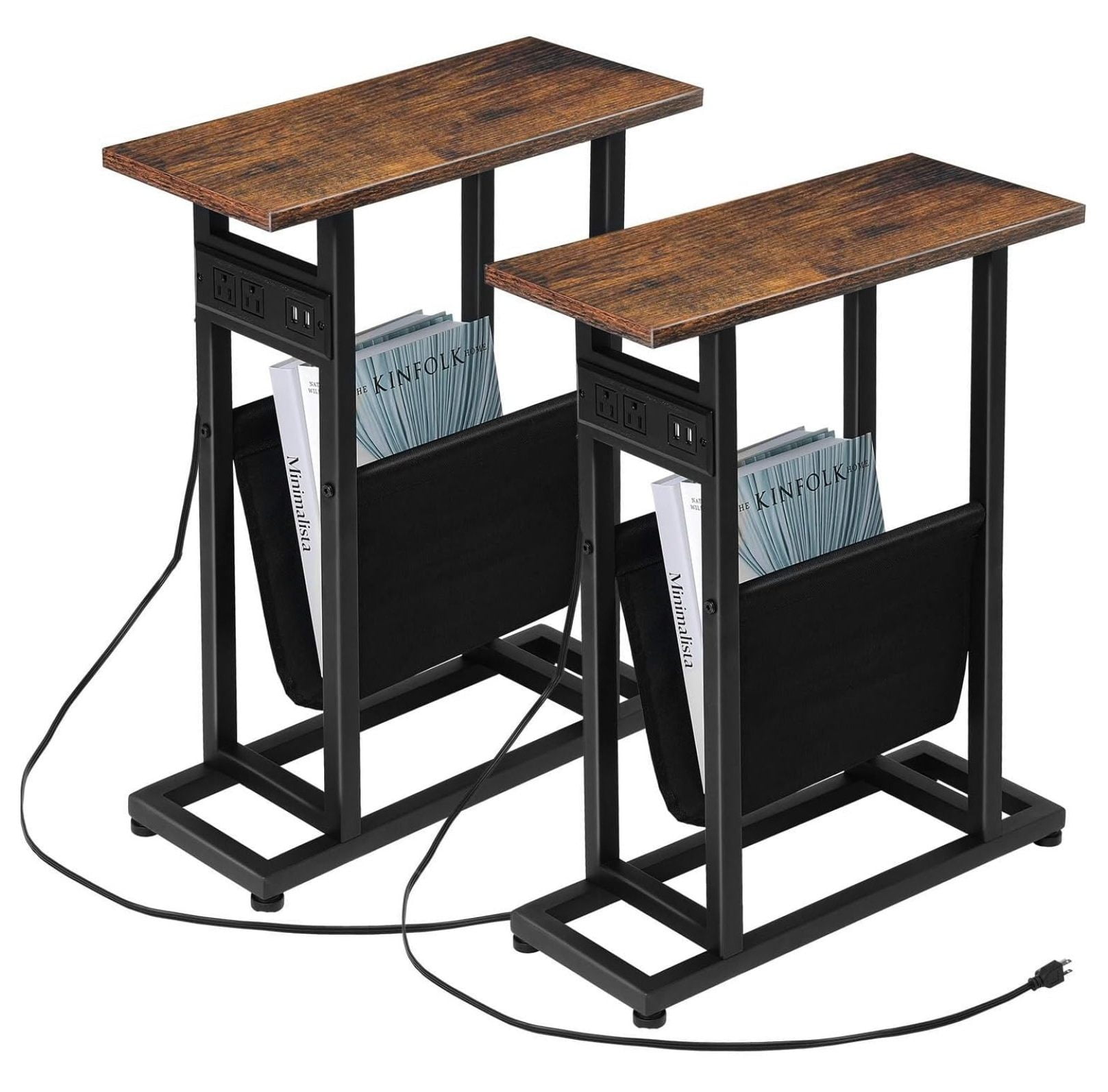 Narrow Side Table Set of 2 with Charging Station, Skinny Side Tables ...