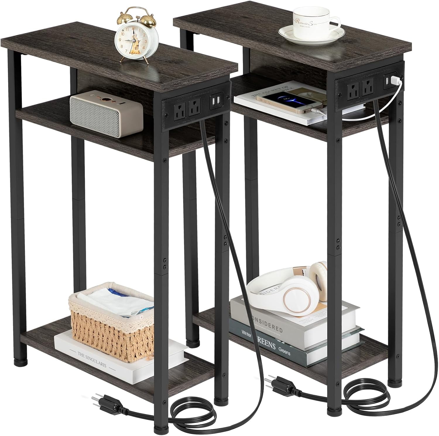 Narrow Side Table Set of 2 with Charging Station, Small End Tables for ...