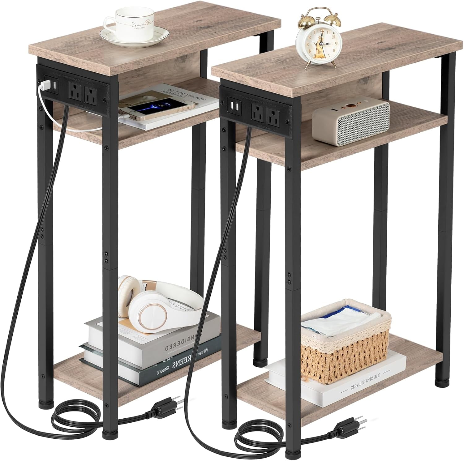 Narrow Side Table Set of 2 with Charging Station, Small End Tables for ...