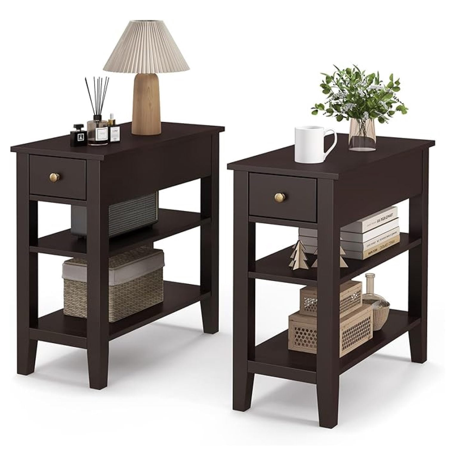 Narrow Side Table Set of 2, Modern Nightstand with Drawers & Shelves ...