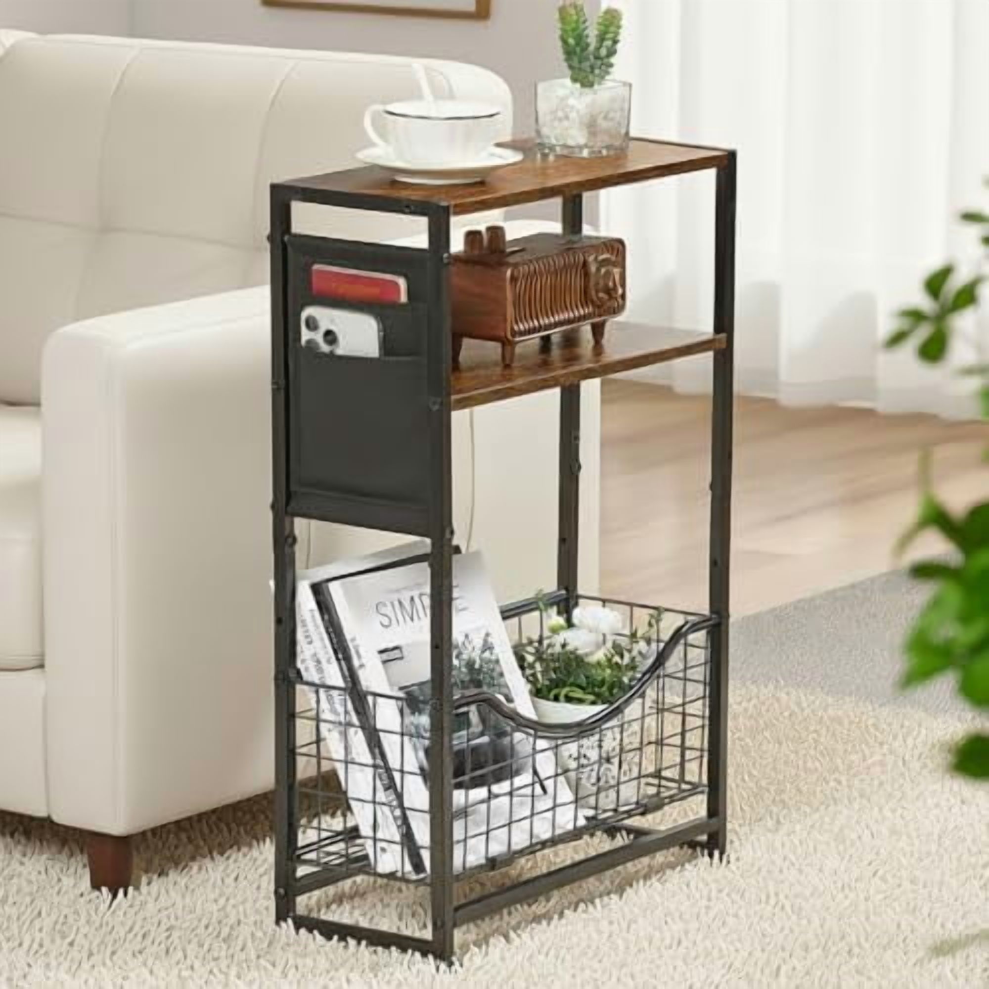 Narrow Side Table, Skinny Small End Tables with Magazine Holder, 3 Tier ...