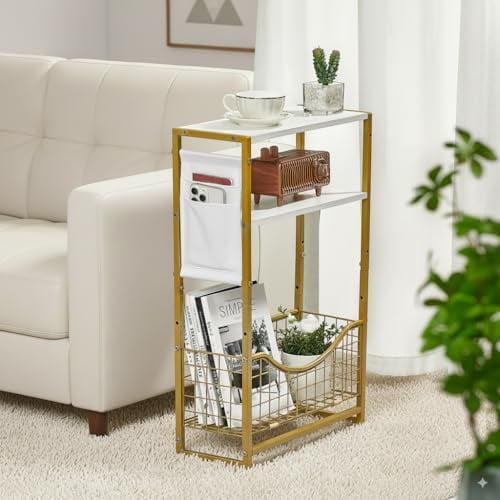 Narrow Side Table, Skinny Small End Tables with Magazine Holder, 3 Tier ...