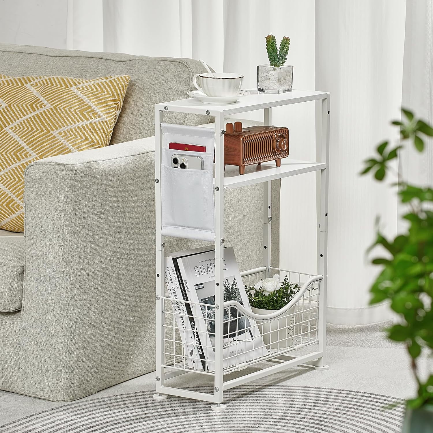 Narrow Side Table, Skinny Small End Tables with Magazine Holder, 3 Tier ...