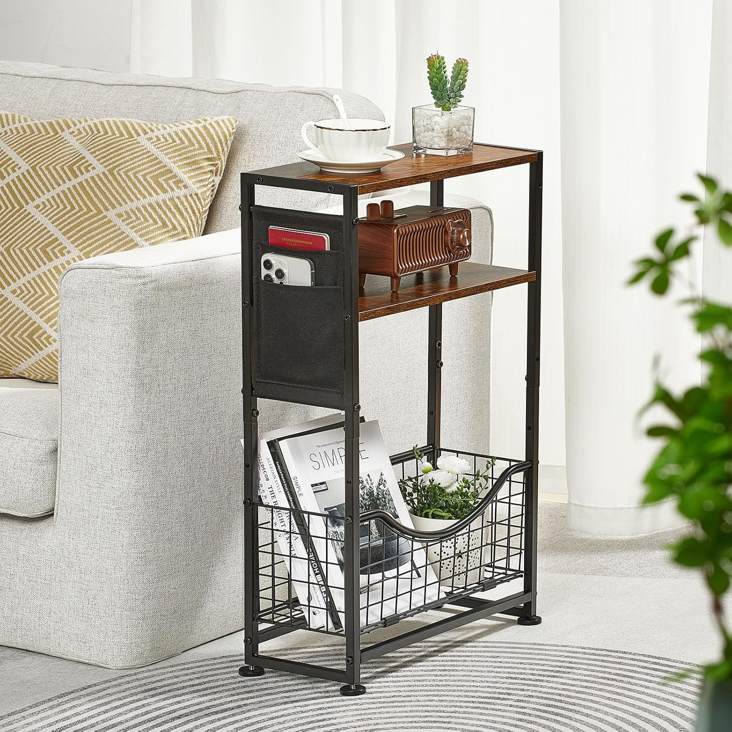 Narrow Side Table, Skinny Small End Tables with Magazine Holder, 3 Tier ...