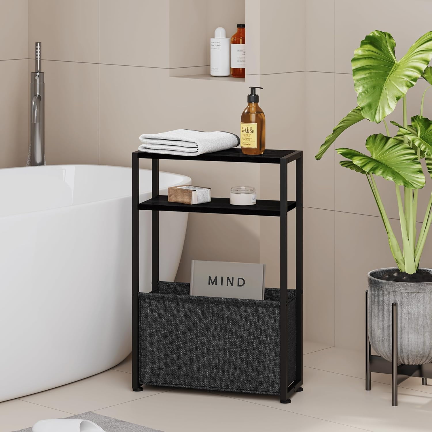 Narrow Side Table, Slim End Tables with Fabric Basket, Skinny Table for ...