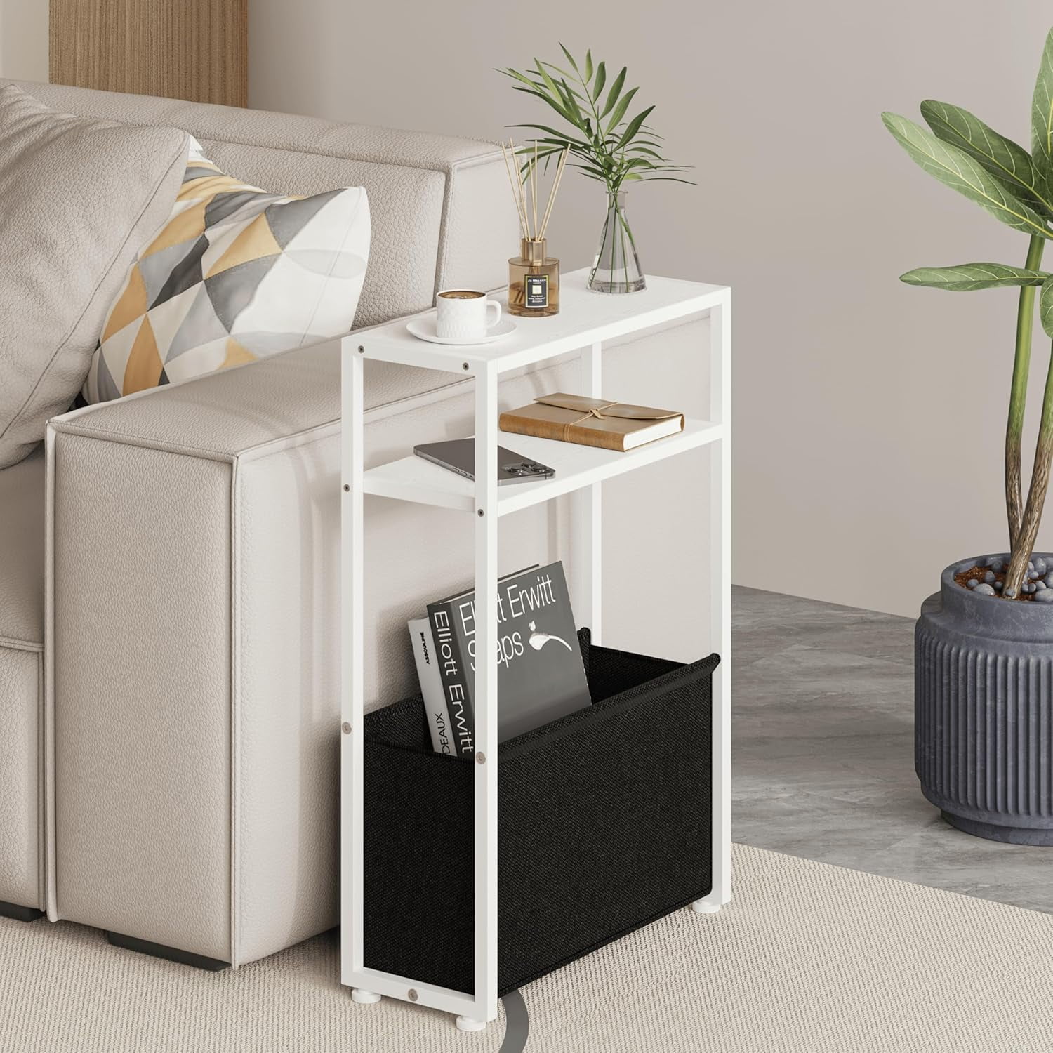 Narrow Side Table, Slim End Tables with Fabric Basket, Skinny Table for ...