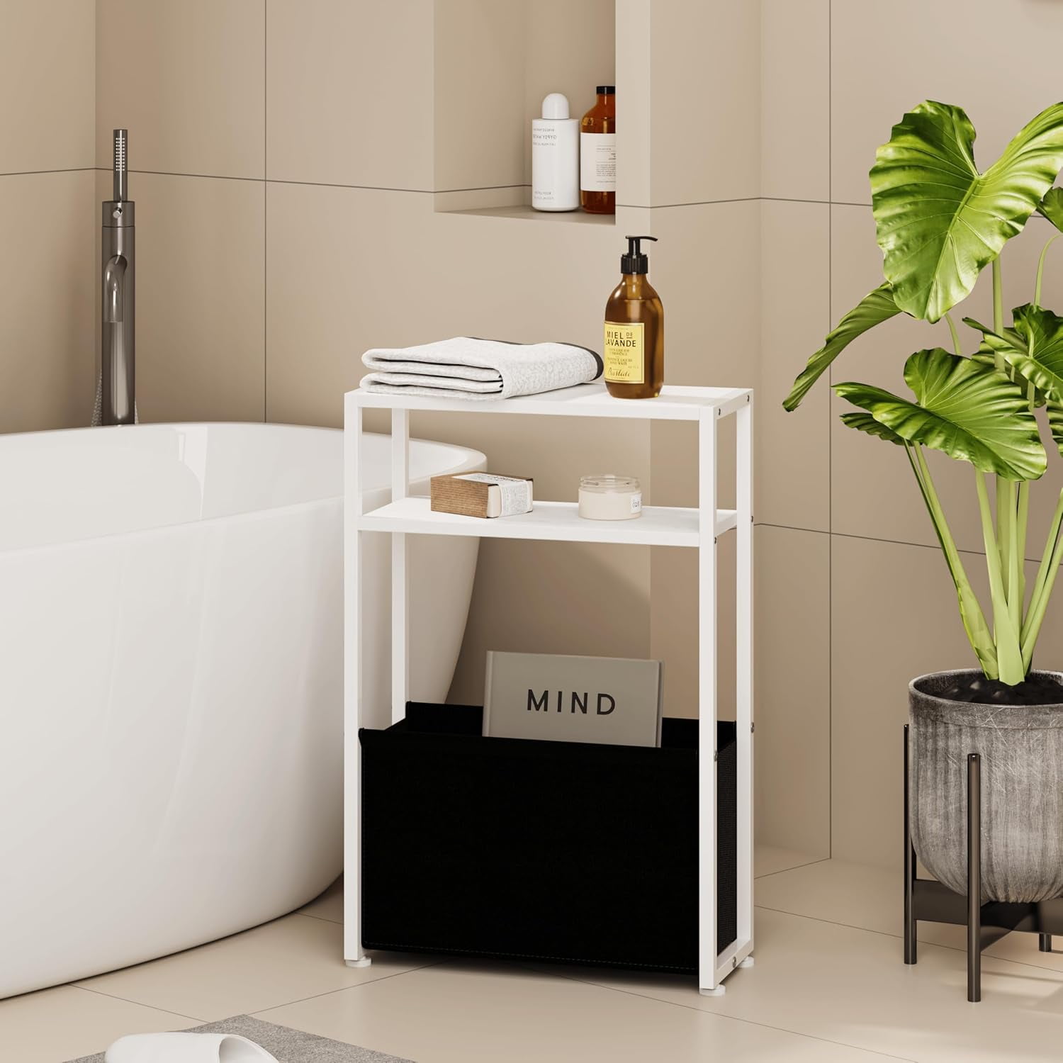 Narrow Side Table, Slim End Tables with Fabric Basket, Skinny Table for ...