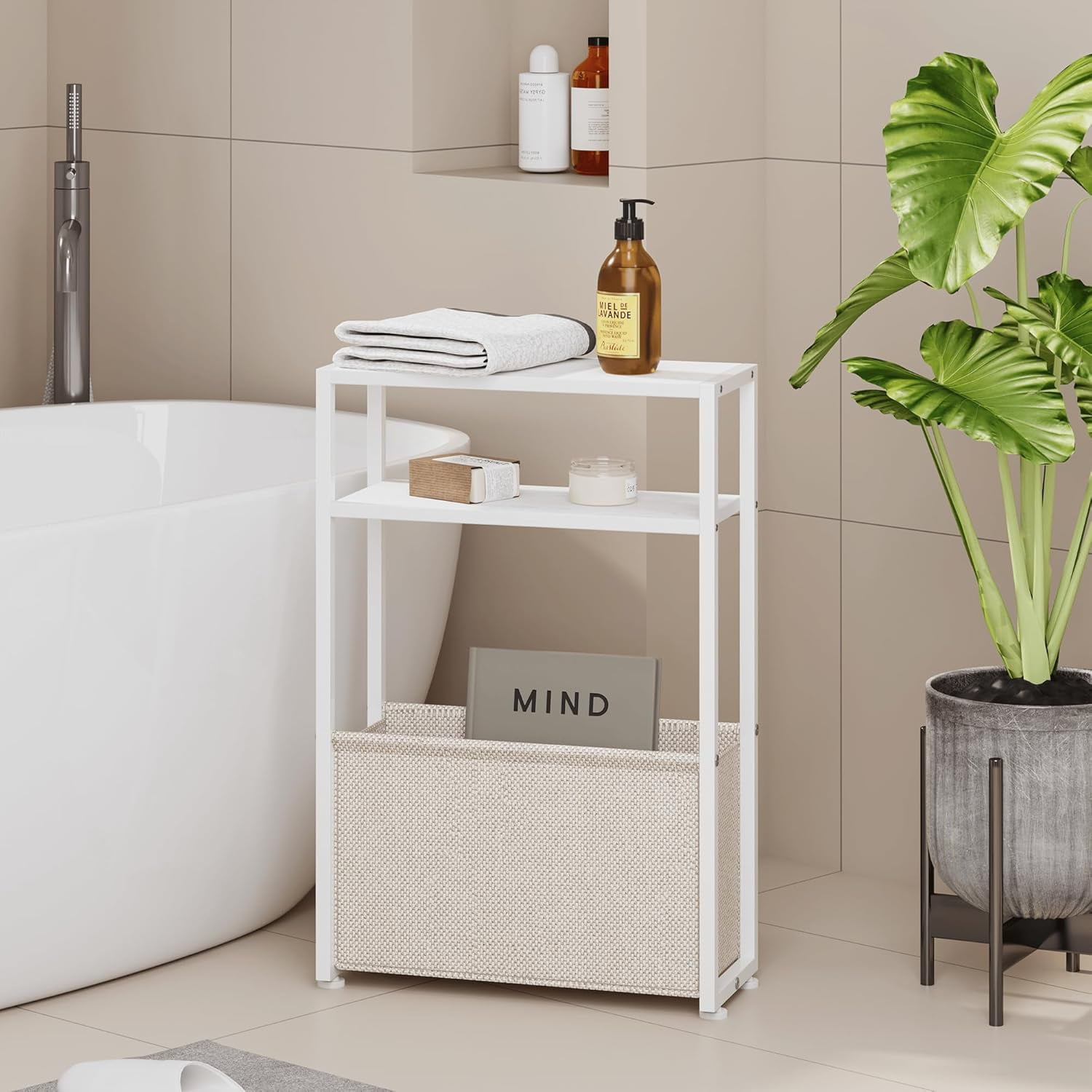 Narrow Side Table, Slim End Tables with Fabric Basket, Skinny Table for ...