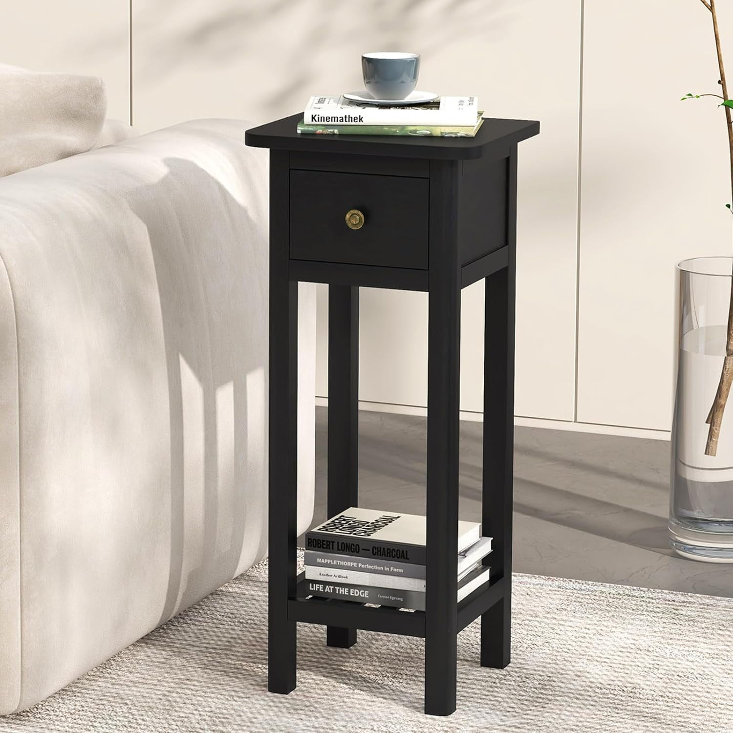 Narrow Side Table, Tall Nightstand with Drawer and Shelf, Small Bedside ...